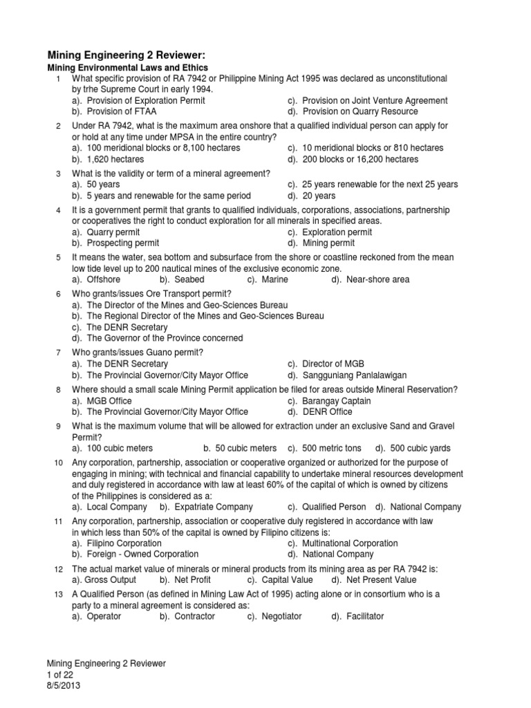 Mining Engineering 2 Reviewer | PDF | Mining | Natural Materials