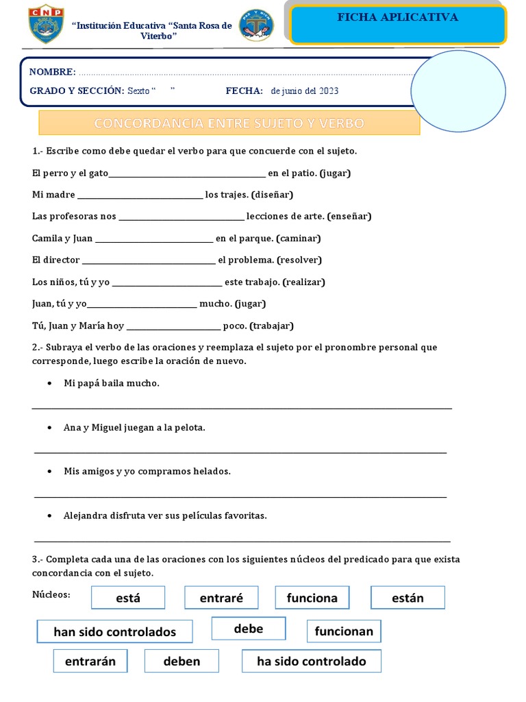 Ficha de Evaluación Concordancia Entre Sujeto y Verbo. | PDF | Asunto ...