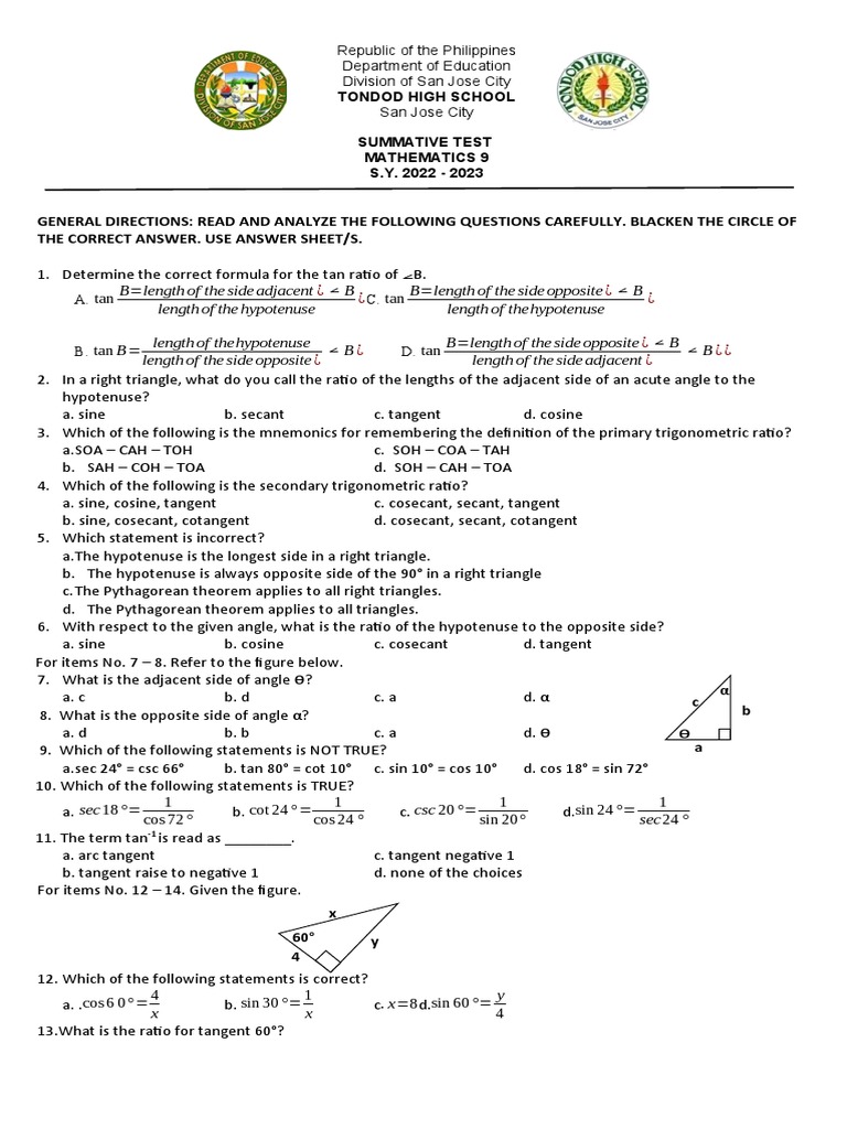 4th Quarter Examination 22-23 Math 9 | PDF | Trigonometric Functions | Triangle