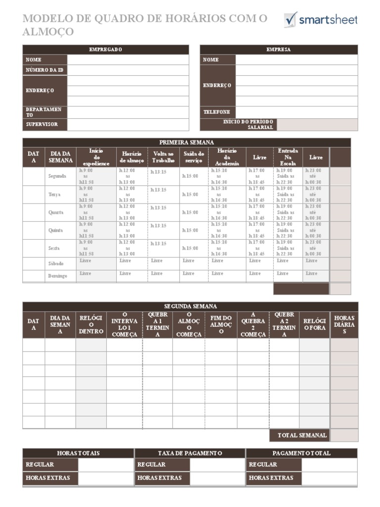 IC Timesheet Template With Lunch WORD - PT | PDF | Trabalho | Expediente