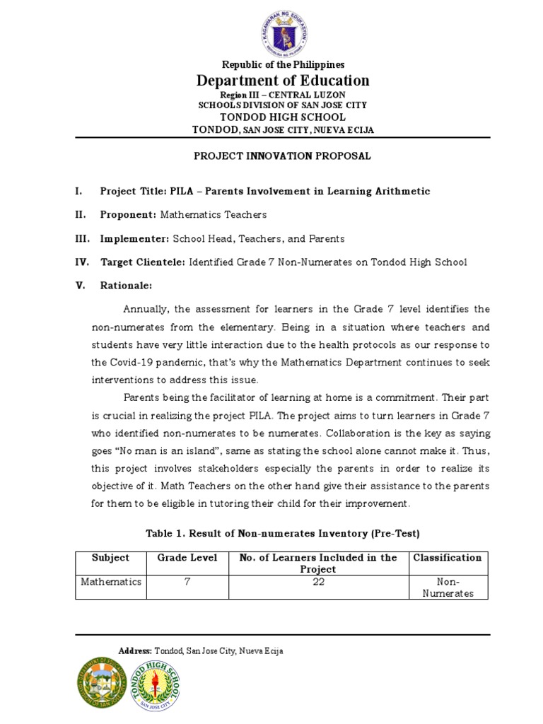 Project Proposal Non-Numerates 2022-2023 | PDF | Mathematics | Learning