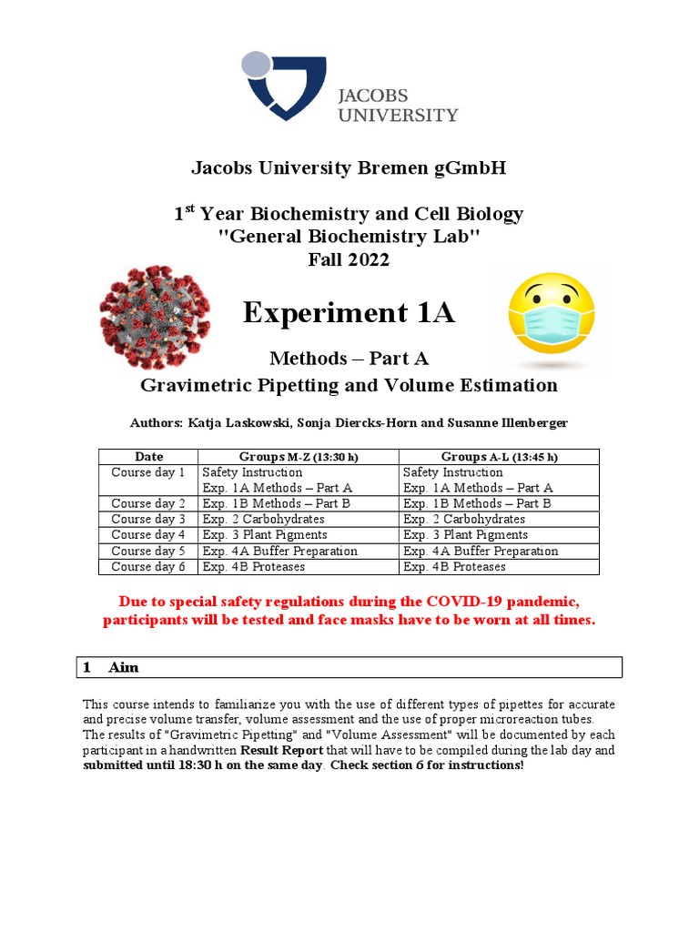 General Biochemistry Lab_Experiment 1 Methods_Part A_2022 | PDF