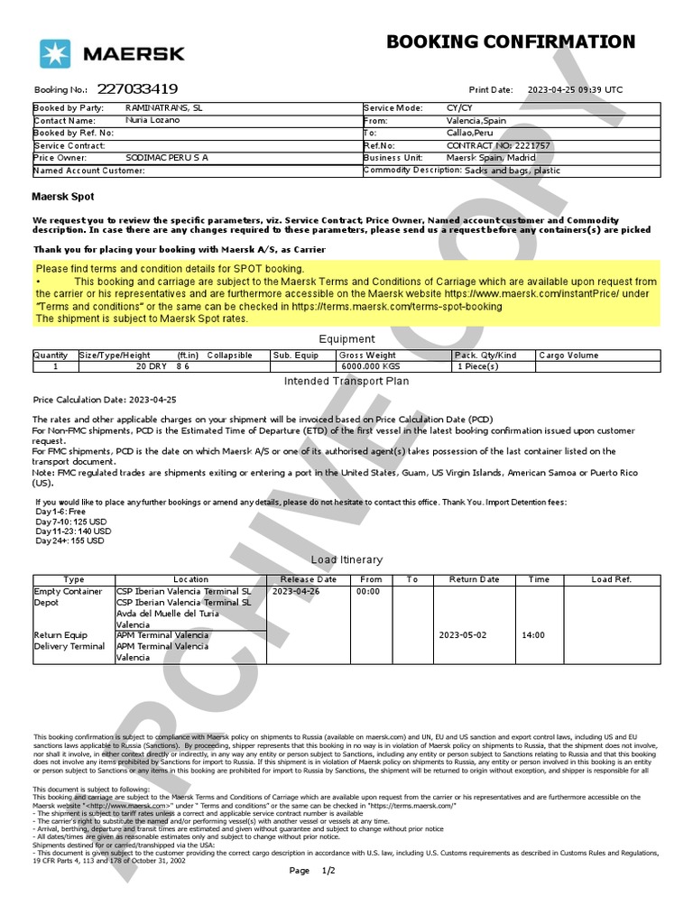 Confirmation 227033419 | PDF | Cargo | Common Carrier