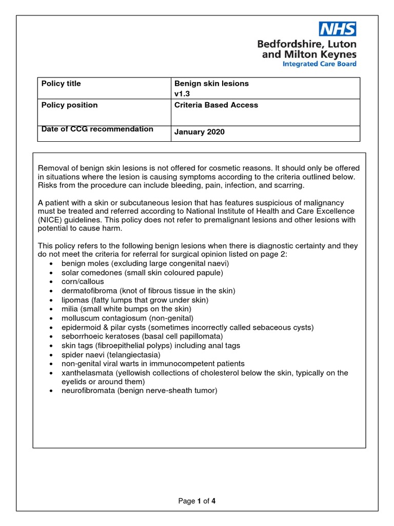 Benign skin lesions BLMK policy v1.3 | PDF | Cancer | Infection