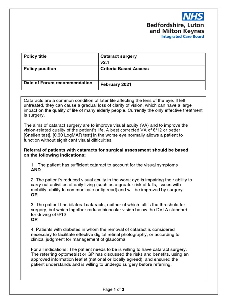 Cataract Surgery BLMK Policy v2.1 | PDF | Cataract | Eye