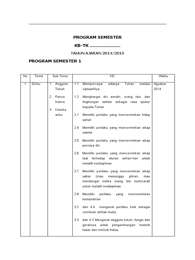 Contoh Program Semester Paud Kurikulum 2013 - New | PDF