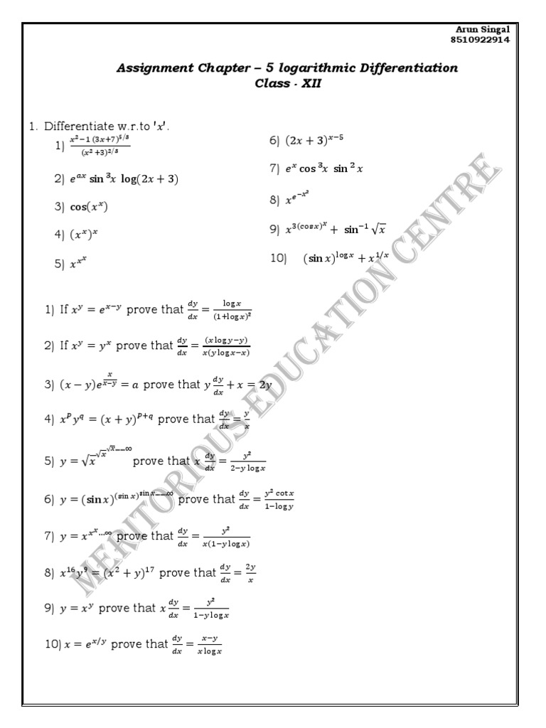 XII Assingment CH - 5 - Logarithmic Differentiation | PDF