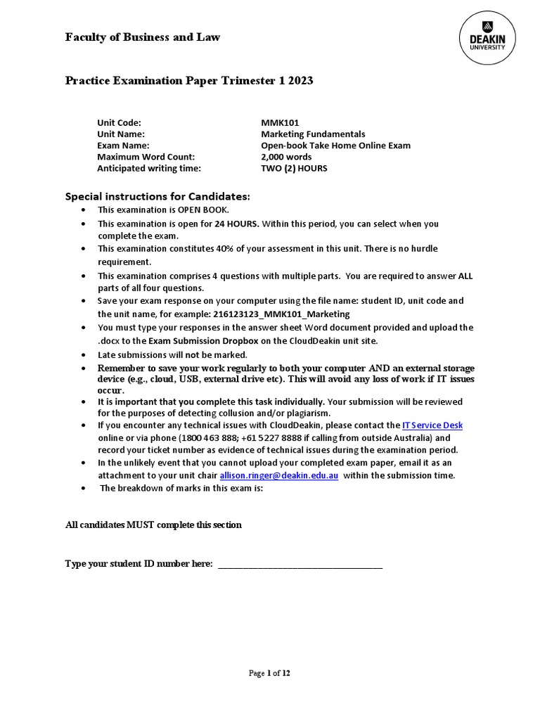 T1 2023 MMK101 Practice Exam Paper | PDF