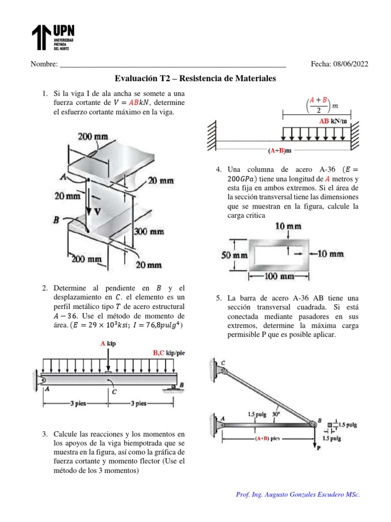 Evaluacion T2 - Resistencia | Descargar gratis PDF | Viga (Estructura) | Resistencia de materiales