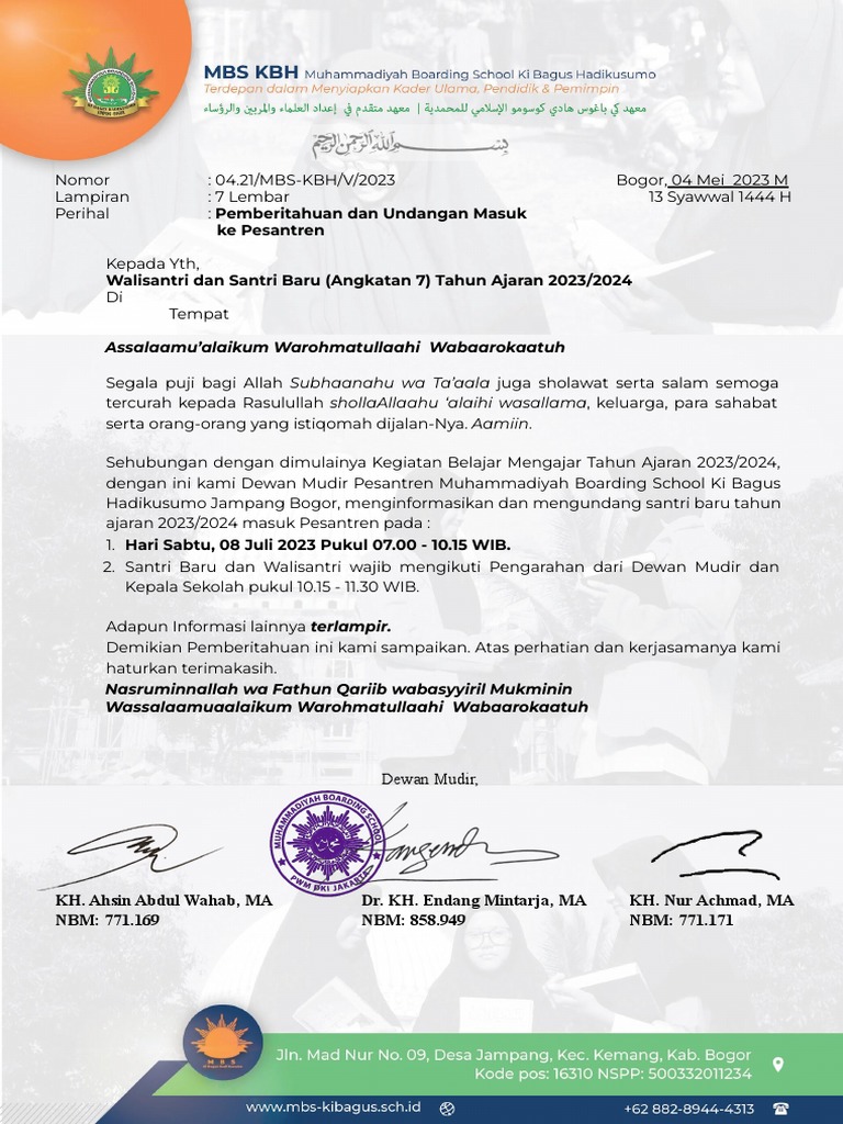 Pemberitahuan Kedatangan Santri Baru Tahun Ajaran 2023_2024.pptx | PDF