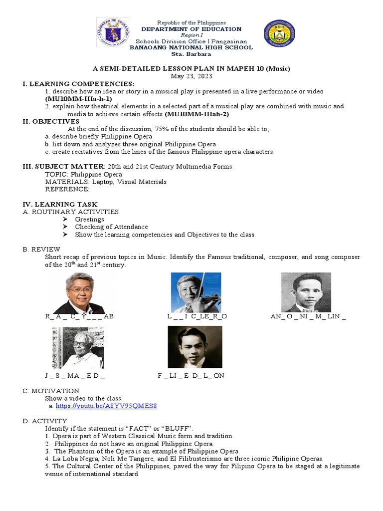 Philippine Opera Lesson Plan | PDF | Cognition