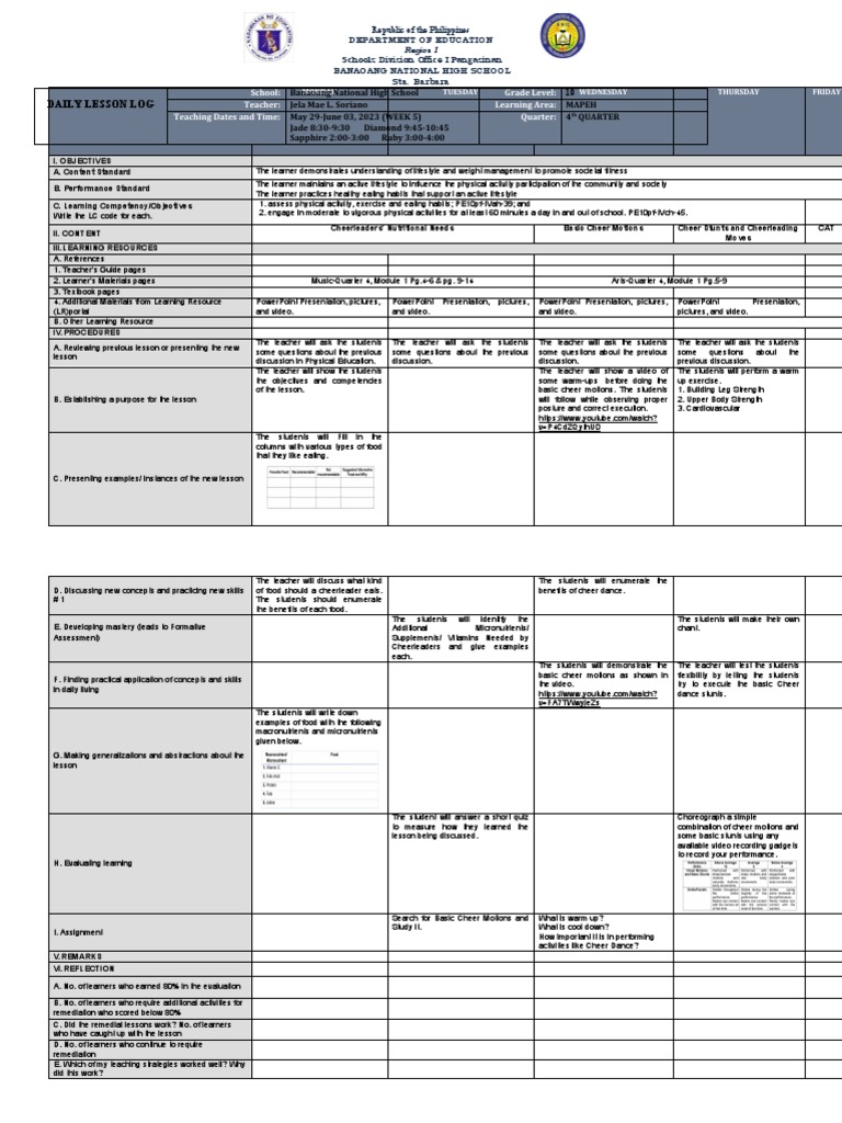 DLL 4th Q Week 5 Mapeh 10 | PDF | Teachers | Cheerleading