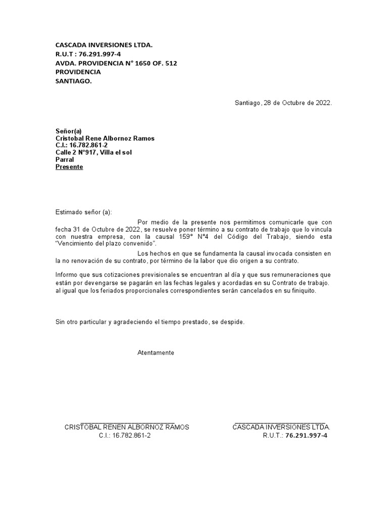 Carta Aviso De Despido Tipo Cascada Pdf