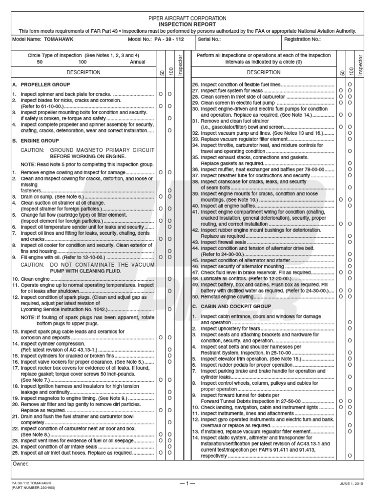 PA-38-112 100-Hour Inspection Checklist | PDF | Carburetor | Wear