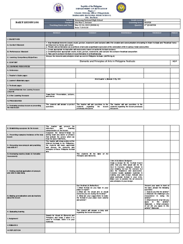 DLL 4th Q Week 4 Mapeh 8 | PDF | Communication | Cognitive Science