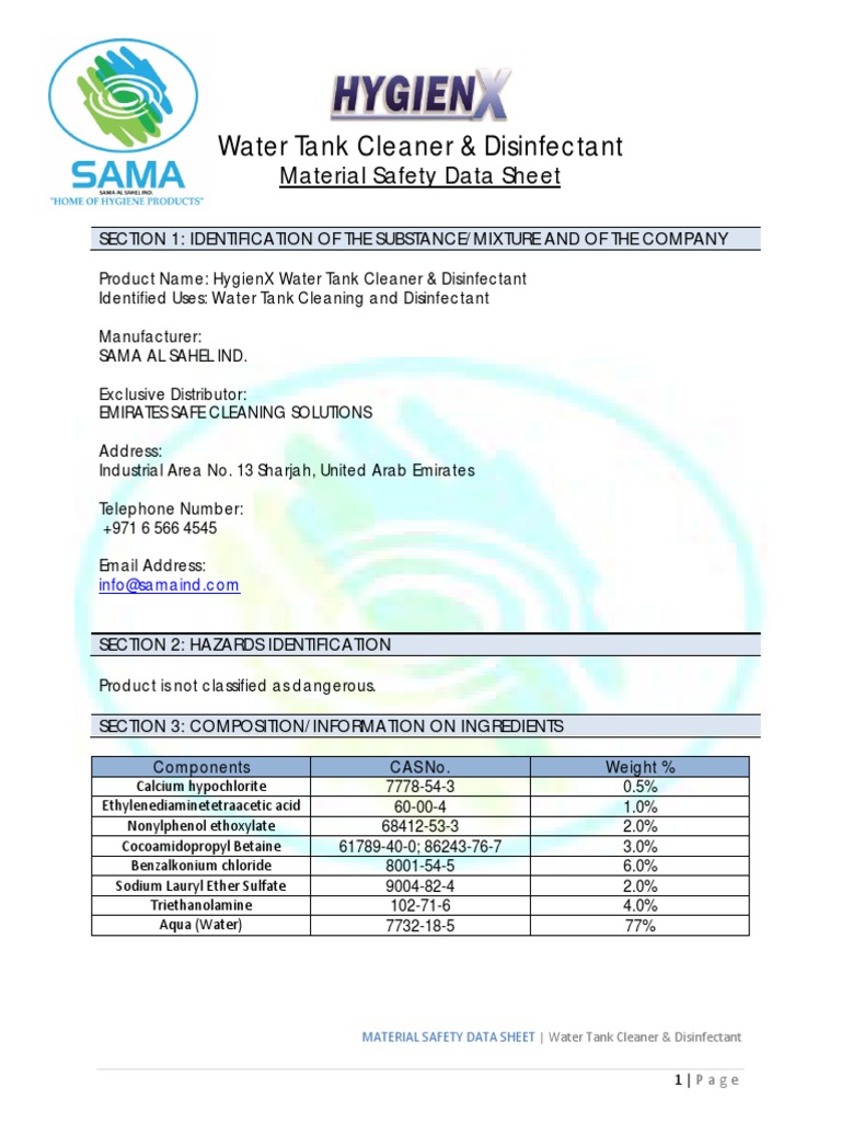 MSDS - HygienX Water Tank Cleaner and Disinfectant | PDF | Water | Toxicity