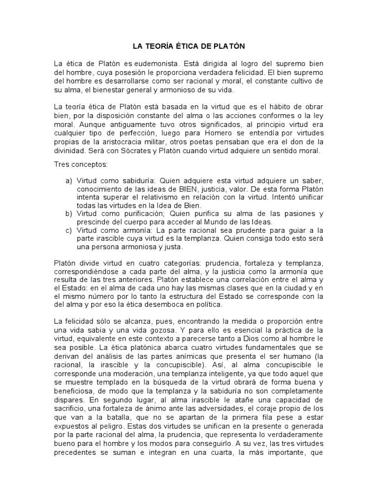 La Teoría Ética de Platón Word | Descargar gratis PDF | Virtud | Platón
