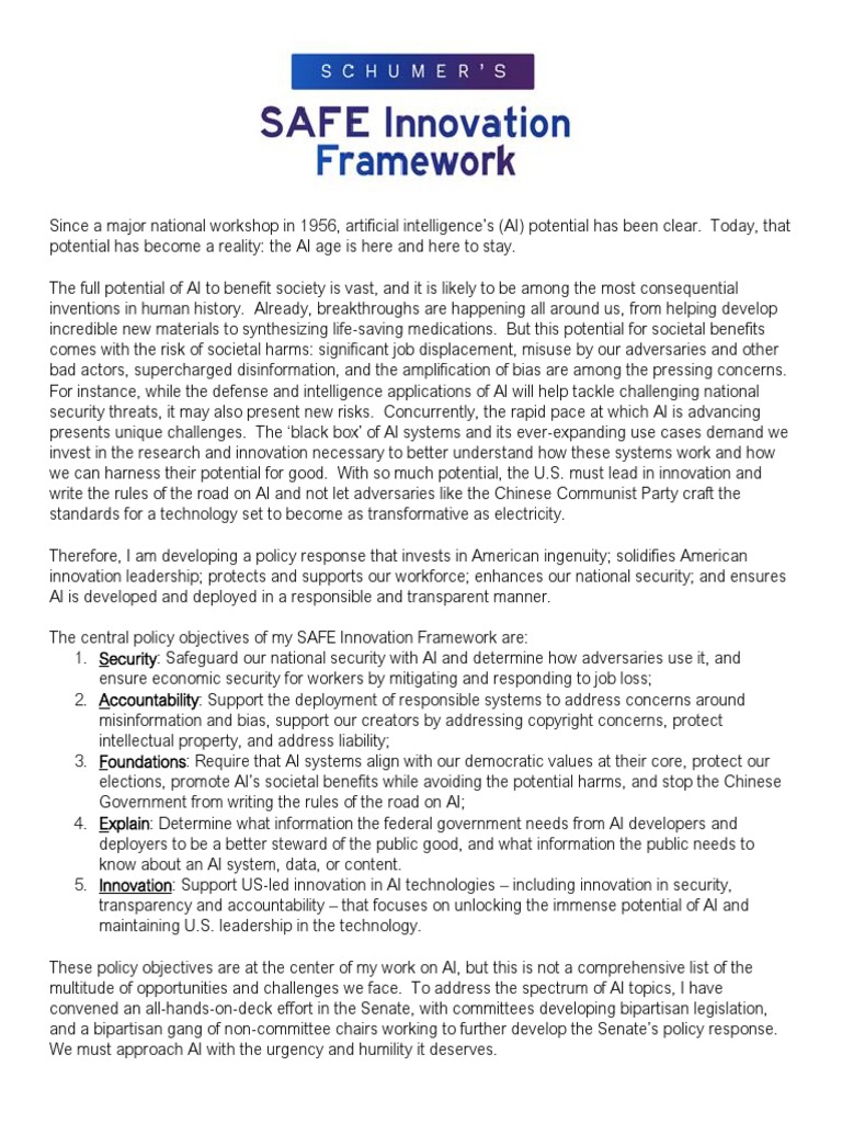 Schumer's AI One Pager | PDF | Artificial Intelligence | Intelligence (AI) & Semantics