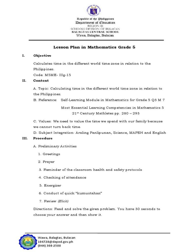 DETAILED Lesson Plan in Mathematics Grade 5 TIME ZONE DEMO | PDF ...
