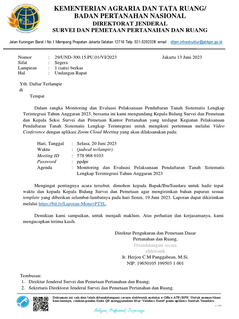 Undangan Rapat Monev PTSL | PDF