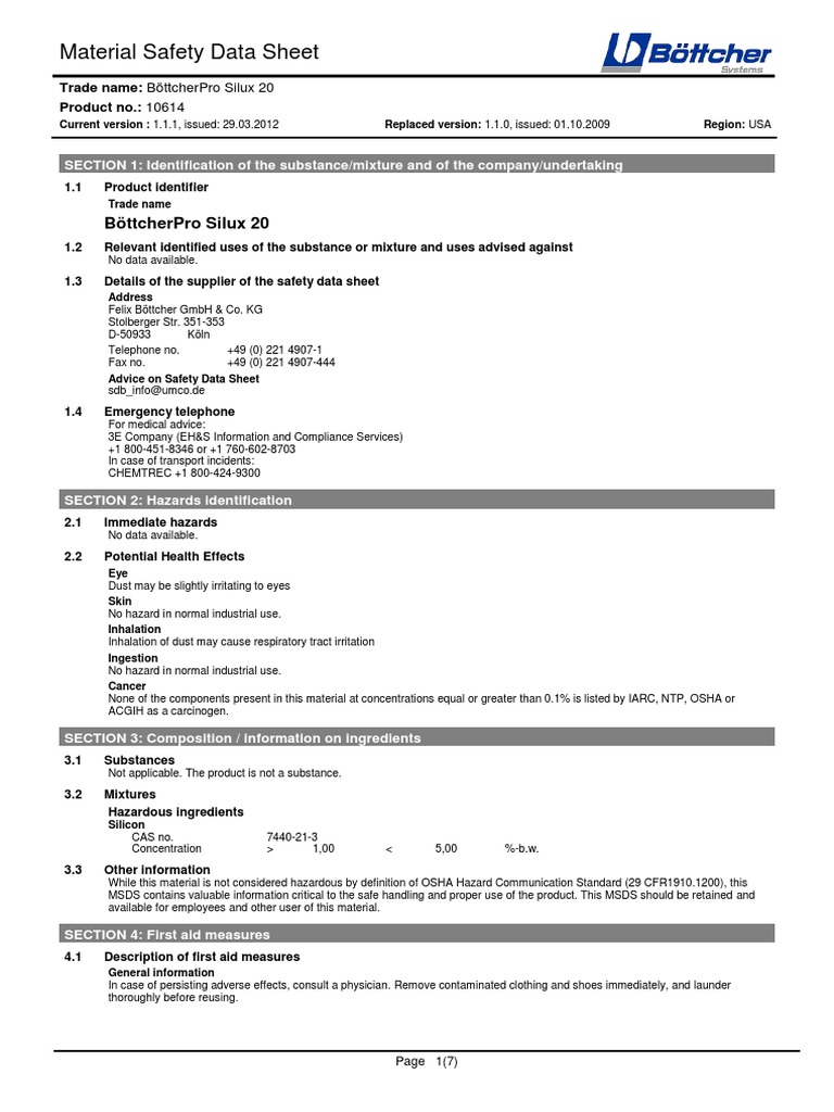 BöttcherPro Silux 20 Safety Data Sheet | PDF | Toxicity | Personal ...