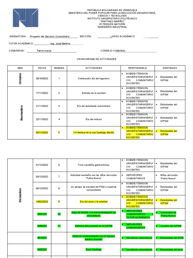 Cronograma de Actividades IUPSM | PDF
