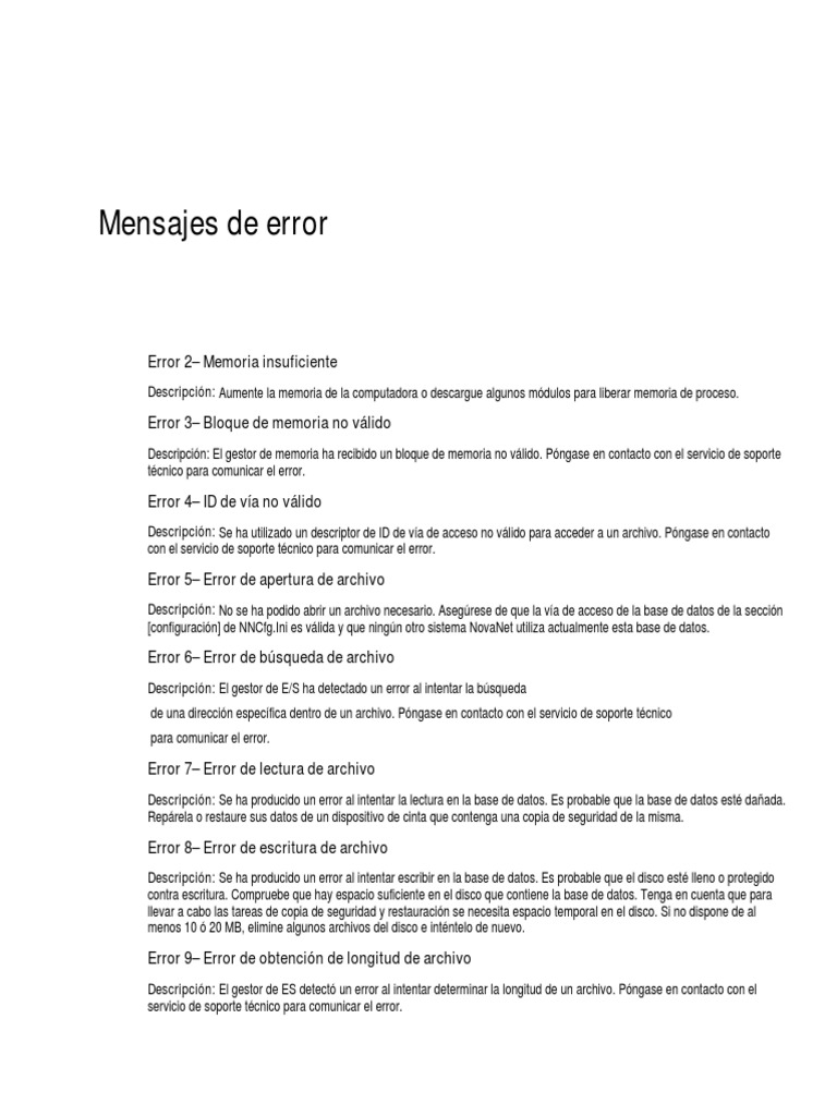Mensajes de Error Error 2 Memoria Insuficiente Descripción Error 3 Bloque de Memoria No Válido ...