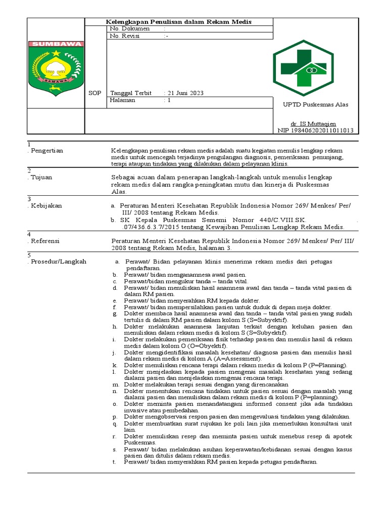 SOP PENULISAN REKAM MEDIS | PDF