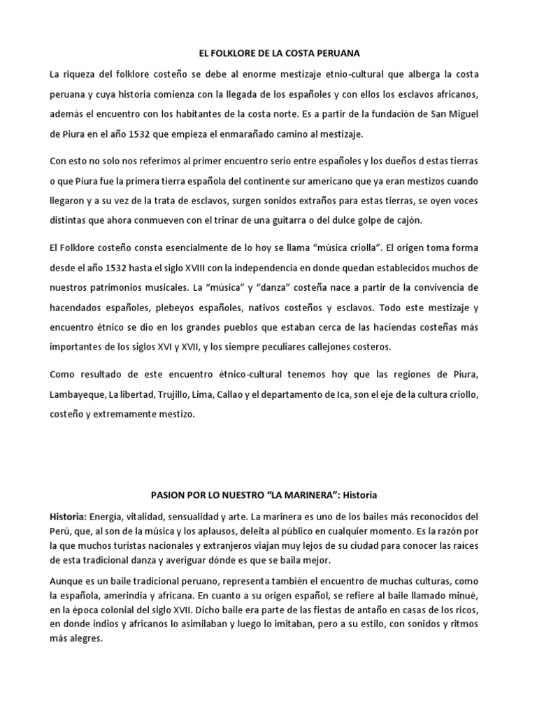 Tema 3º - EL FOLKLORE DE LA COSTA PERUANA - LA MARINERA | PDF | Bailes