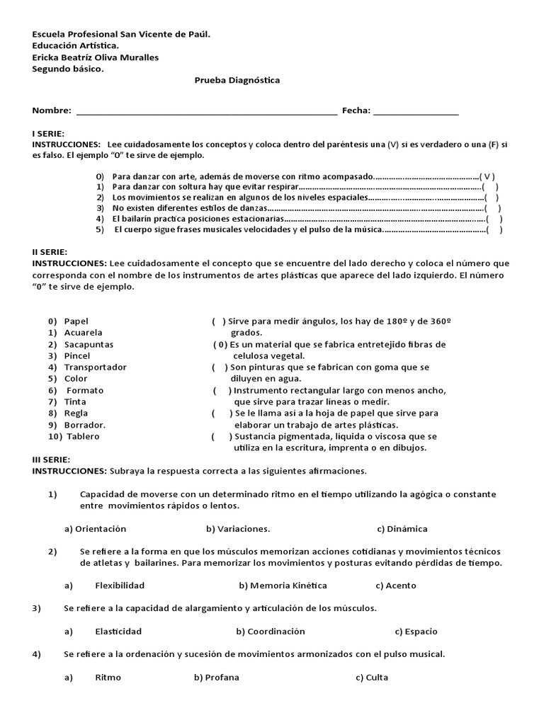 Prueba Diagnostica de 2ro. Básico. | PDF | Bailes | Ritmo
