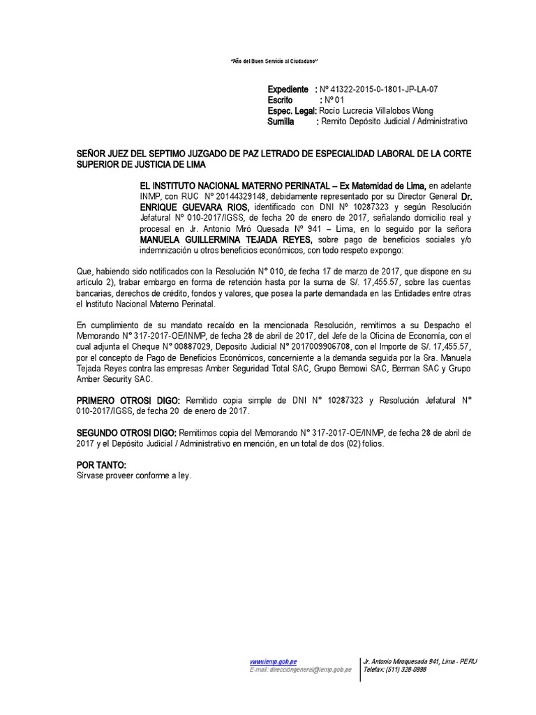 Escrito Devolucion de Deposito Judicial | PDF | Ley Pública | Gobierno