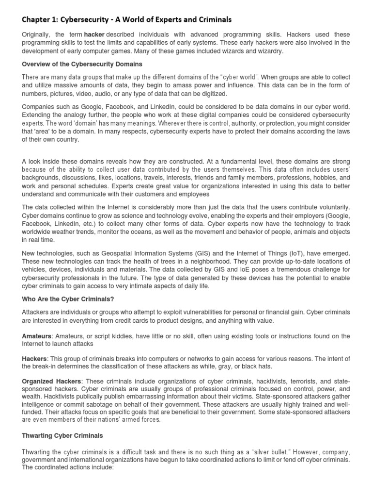 CHAPTER 1& 2 - Cybersecurity - A World of Experts and Criminals and The ...