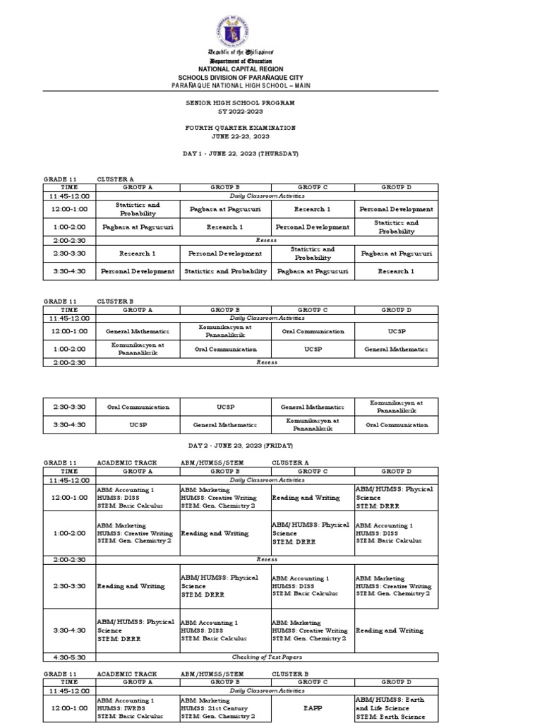 4TH QUARTER Grade 11 Schedule | PDF | Science, Technology, Engineering ...