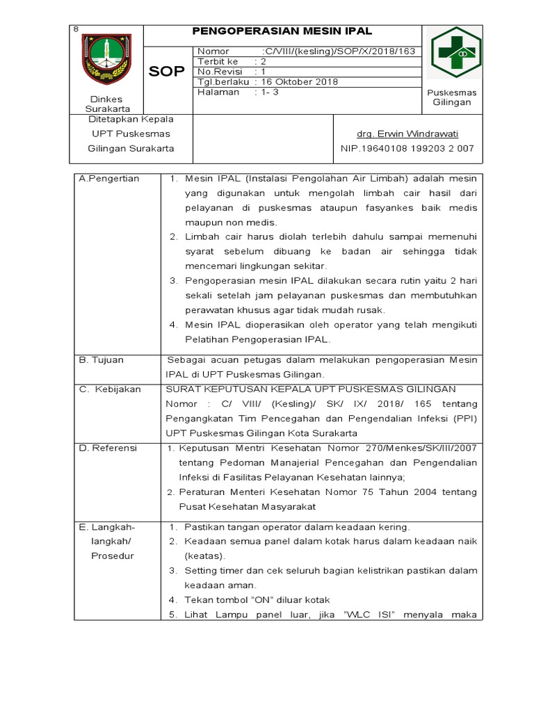 24. SOP Pengoperasian IPAL Puskesmas FIX | PDF