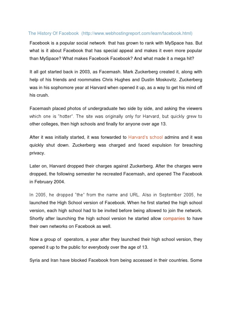 The History of Facebook | PDF | Mark Zuckerberg | Facebook