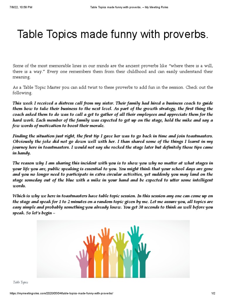 Table Topics Made Funny With Proverbs. - My Meeting Roles | PDF | Proverb