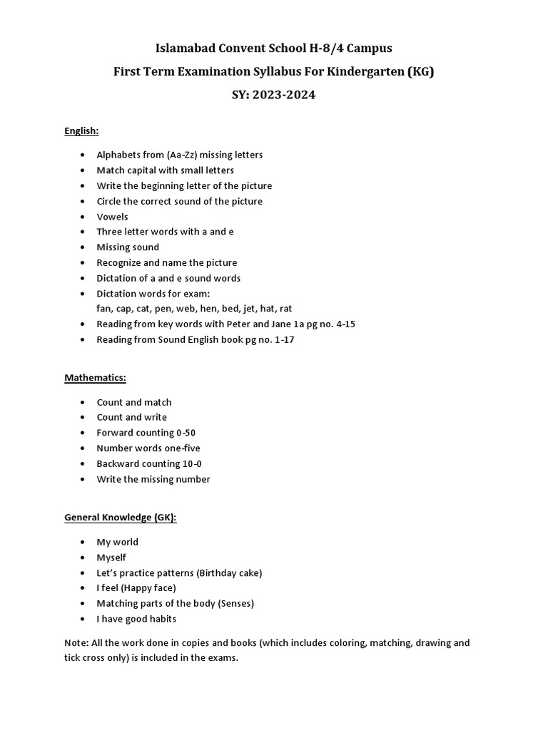 KG-First Term Exam Syllabus | PDF