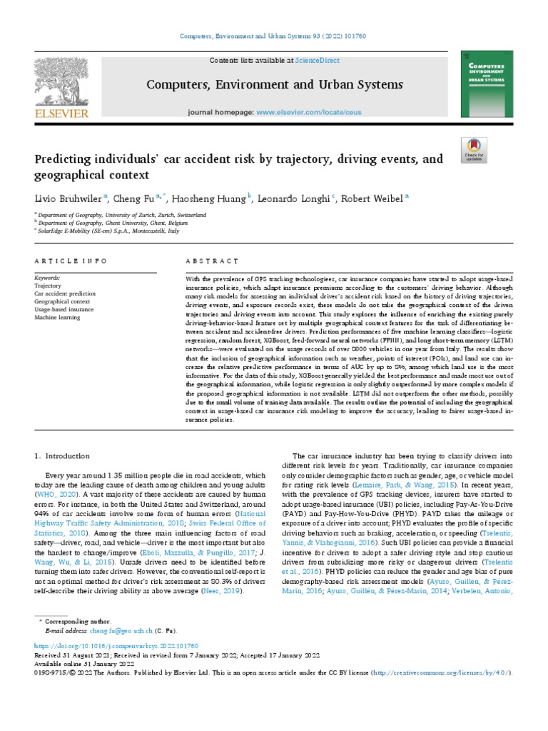 Predicting Individuals Car Accident Risk by Traje 2022 Computers Environme | PDF | Traffic ...