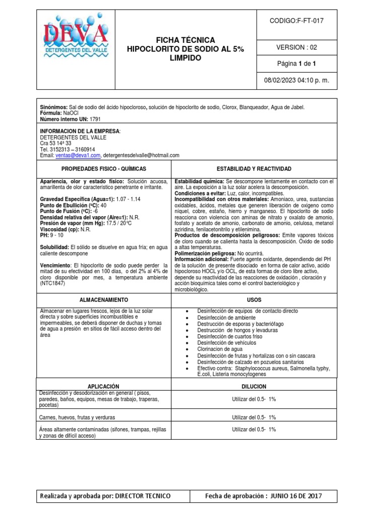 Ficha Tecnica Hipoclorito de Sodio Al 5% | PDF | Agua | Sustancias químicas