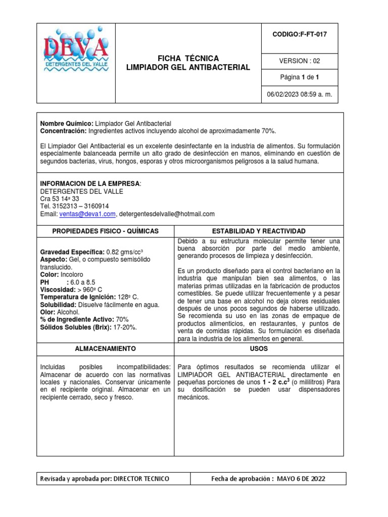 Ficha Tecnica Limpiador Gel Antibacterial | PDF | Alimentos | Ciencias fisicas