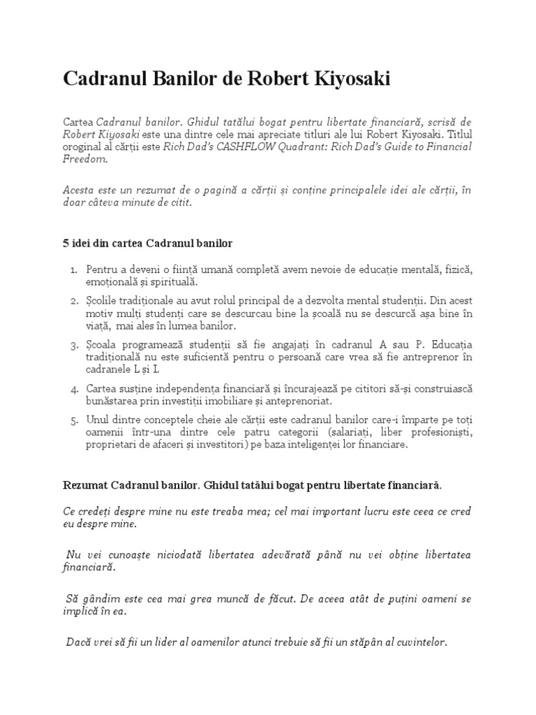 Cadranul Banilor de Robert Kiyosaki | PDF