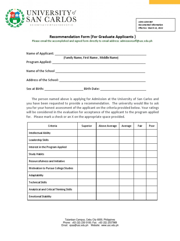 Usc Recommendation Form | PDF | Critical Thinking | Learning