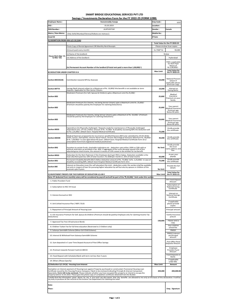 SAMPLE Format For Investments Declaration FY 2022-23 | PDF