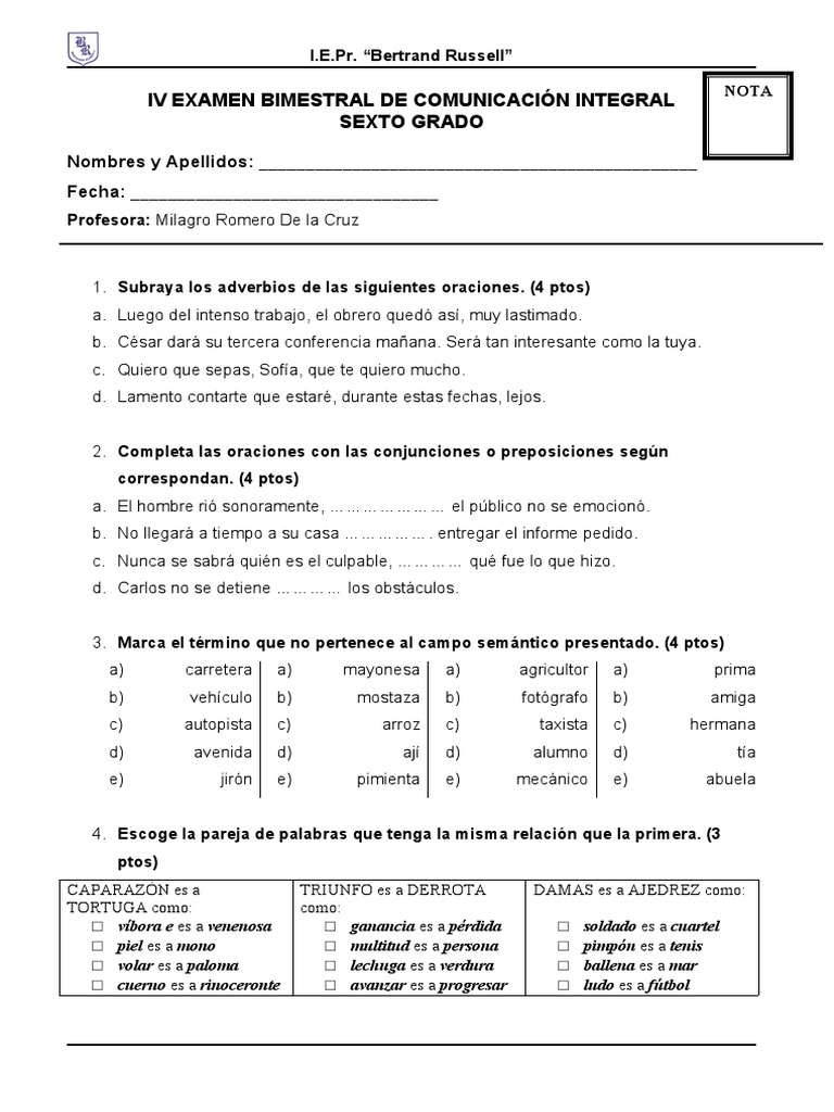Examen Bimestral Comunicación 6to Grado | PDF