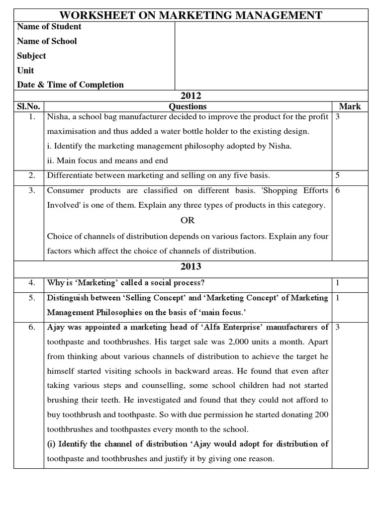 Marketing Management Worksheet | PDF | Marketing | Sales