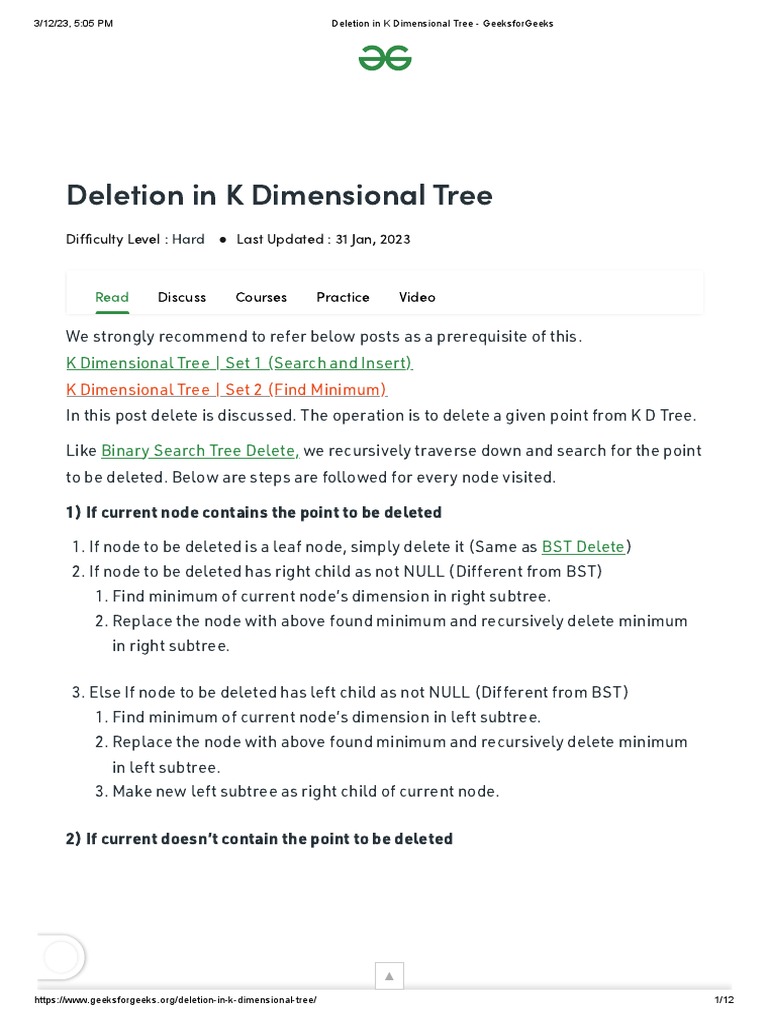 Deletion In K Dimensional Tree Pdf Algorithms And Data Structures Software Engineering 