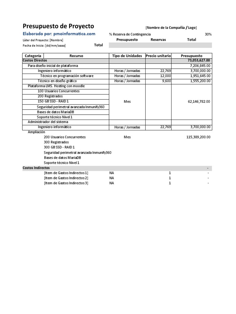 PMOInformatica Presupuesto de Un Proyecto Plantilla | PDF | Presupuesto | Microsoft Excel