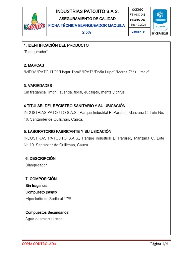 Fichas Técnica Limpido Blanqueador Patojito | PDF | Blanqueador | Agua