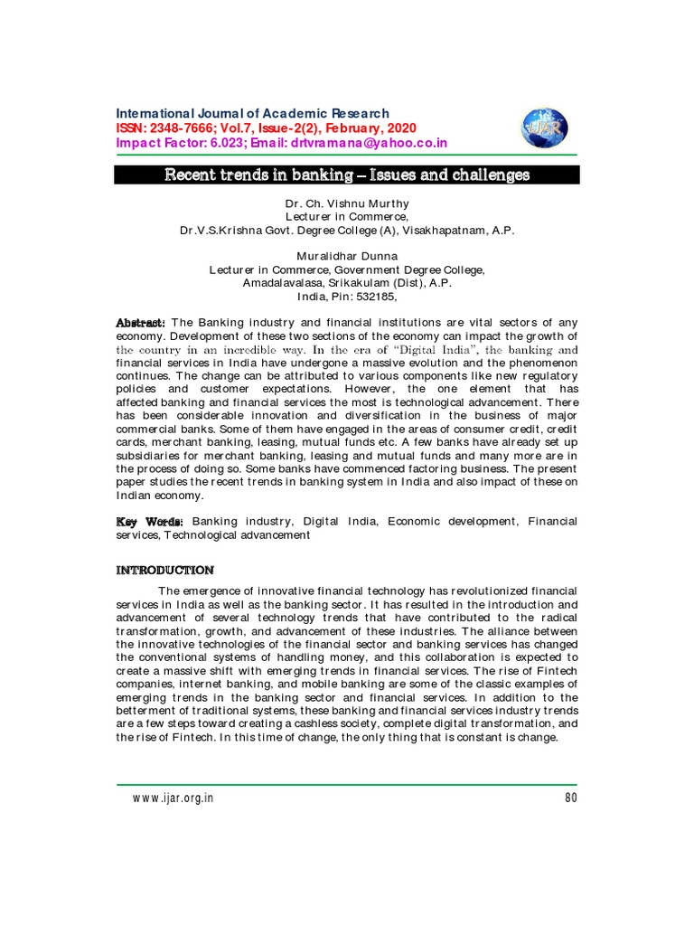 Recent Trends in Banking Issues and Challenges: ISSN: 2348-7666 Vol.7, Issue-2 (2), February ...