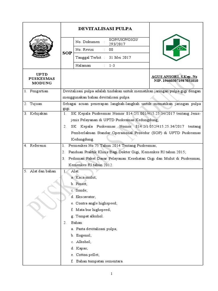 Sop Devitalisasi Pulpa | PDF